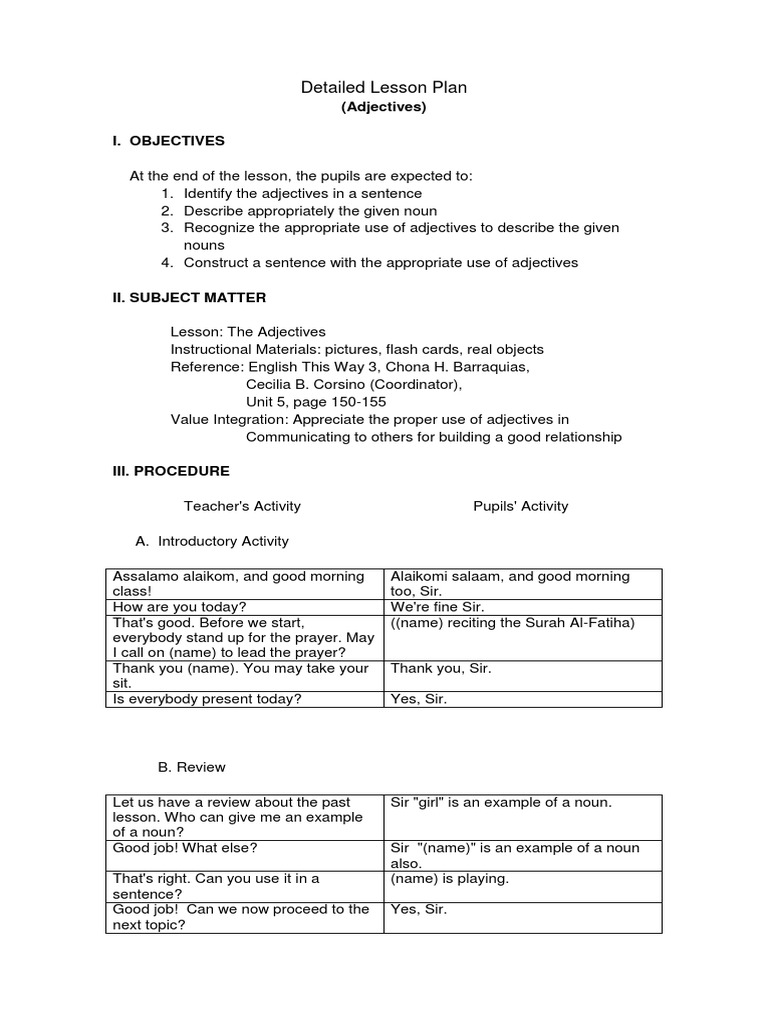Detailed Lesson Plan | PDF | Adjective | Noun