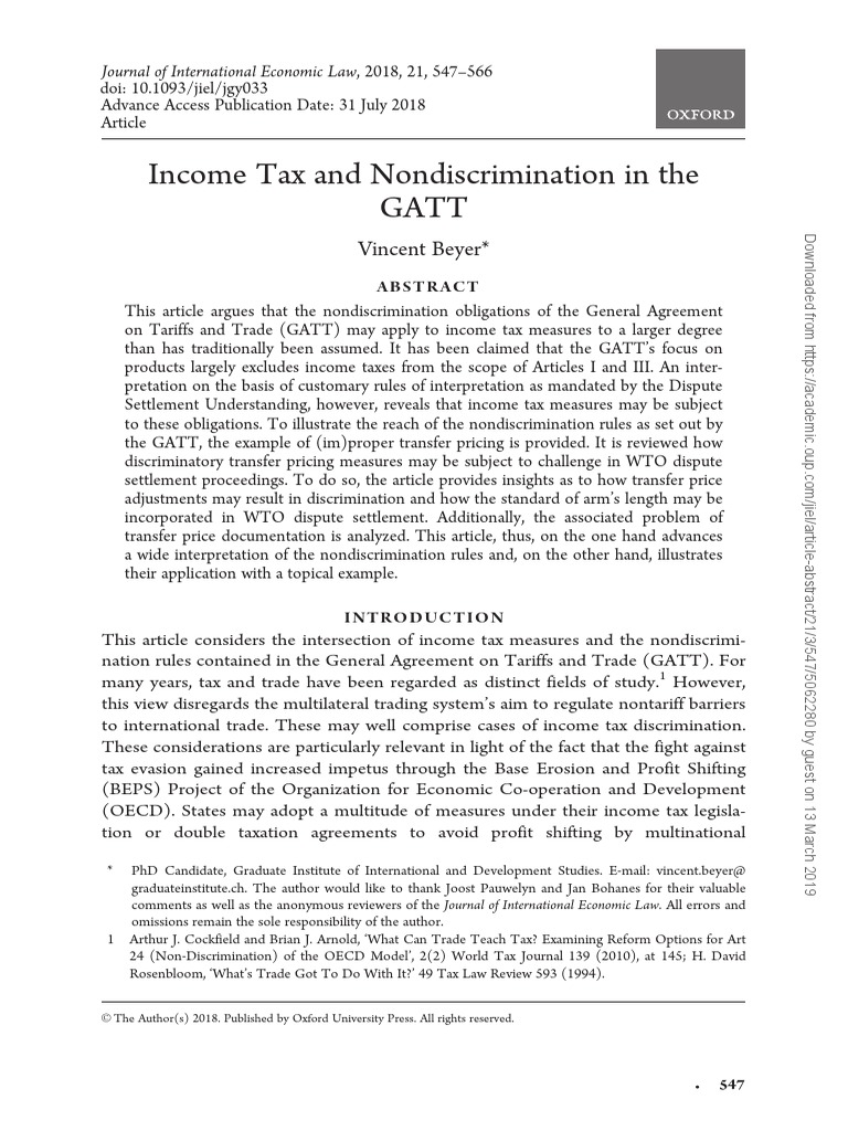 Journal of International 'Income Tax and Non Discrimination in The GATT ...