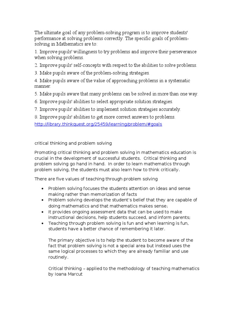 Promoting critical thinking and problem solving in mathematics ...