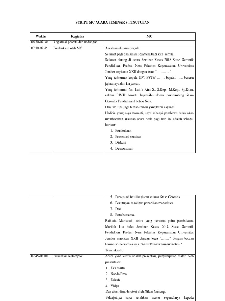 Skrip MC Penutupan Seminar Ners | PDF