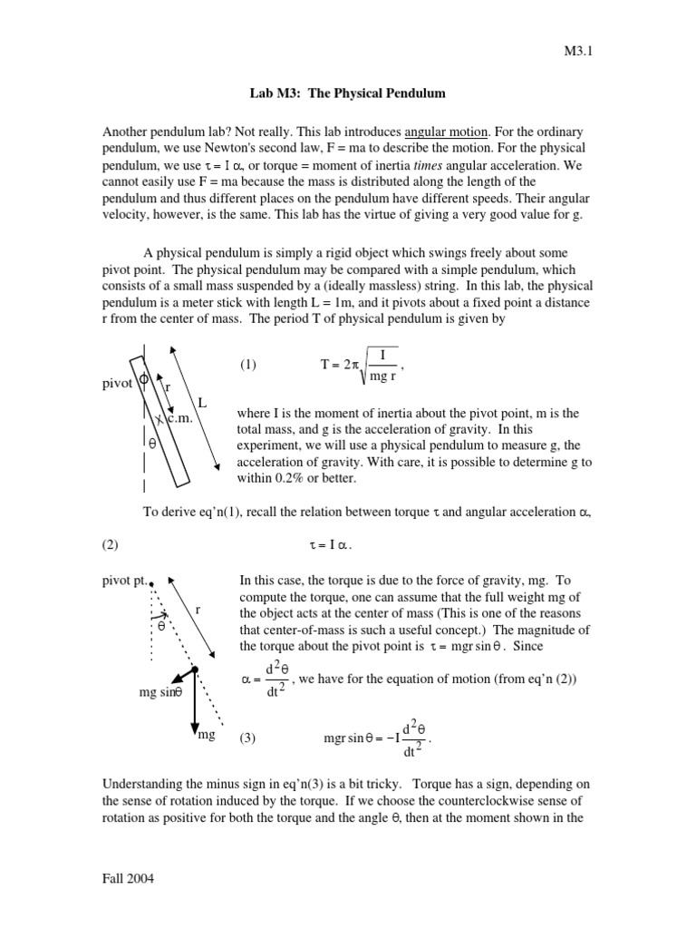 Lab M3: The Physical Pendulum: pivot c.m. L θ r | PDF | Torque | Pendulum