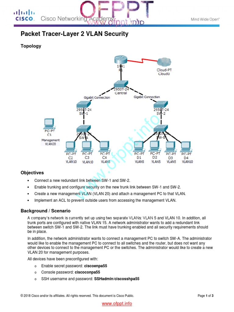 6.3.1.3 Packet Tracer Layer 2 VLAN Security | PDF | Router (Computing) | Network Switch