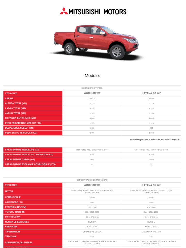 Mitsubishi-Motors-Ficha-Tecnica L200 WORK L200 KATANA | PDF | Turbocompresor | Transporte privado