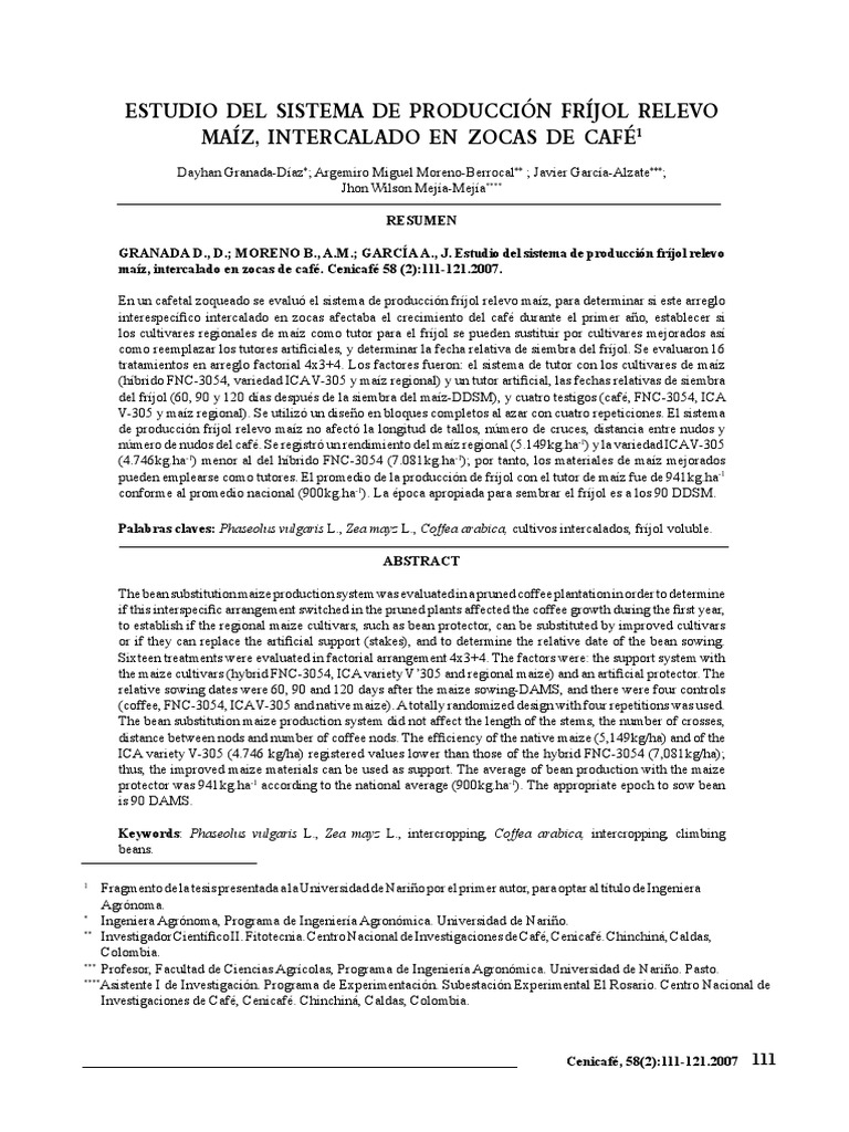 Estudio Del Sistema de Producción Fríjol Relevo Maíz, Intercalado en ...