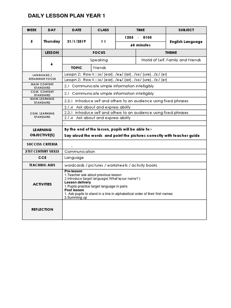Lesson Plan Year 1 2019 | PDF | Lesson Plan | Question