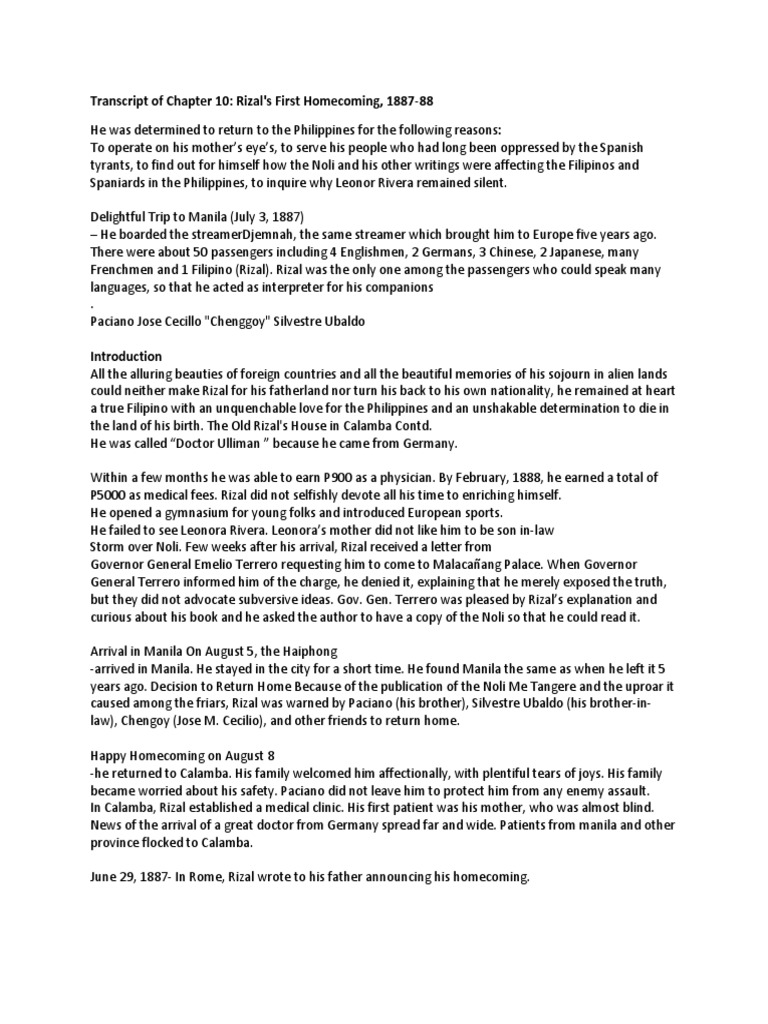 Transcript of Chapter 10: Rizal's First Homecoming, 1887-88 | PDF | History | Classics