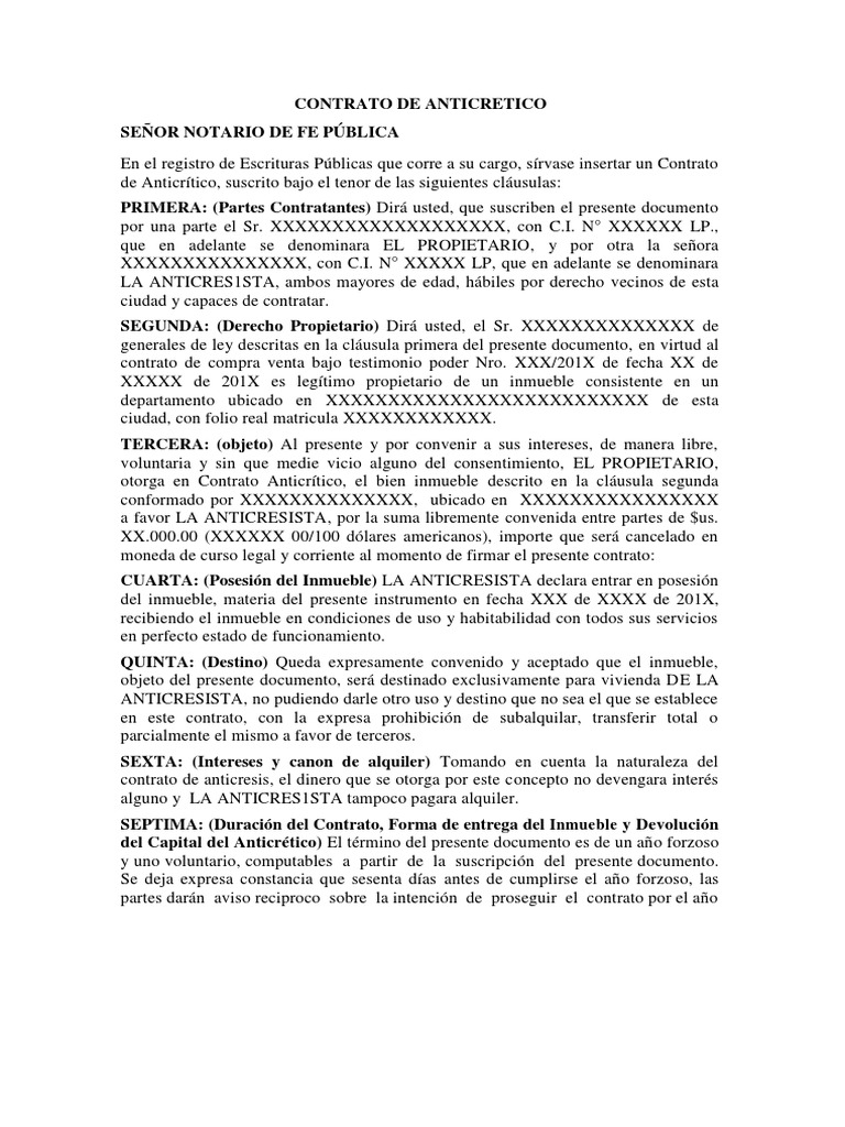 Formaro Contrato de Anticretico Bolivia | PDF | Propiedad ...