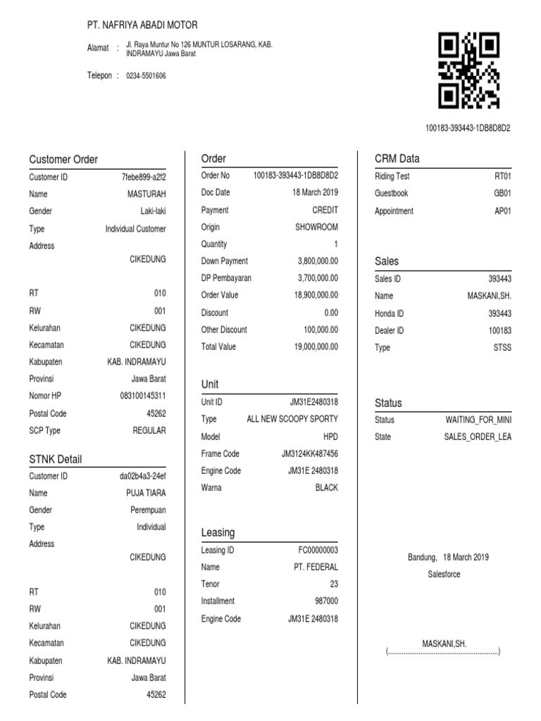 Order Crm Data Customer Order Pt Nafriya Abadi Motor Pdf Business