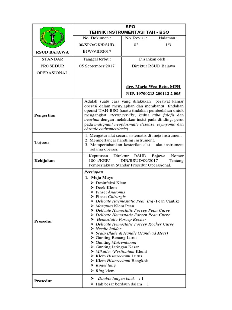 Standar Prosedur Operasional Tah - Bso | PDF