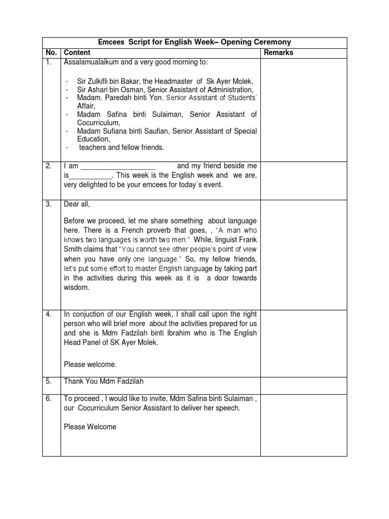 Emcee Text For English Month | PDF