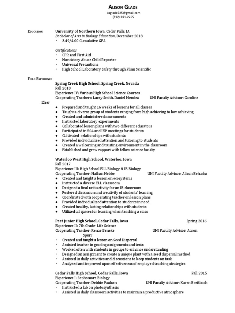 Alisons Resume-4 1 | PDF | Classroom | Teachers