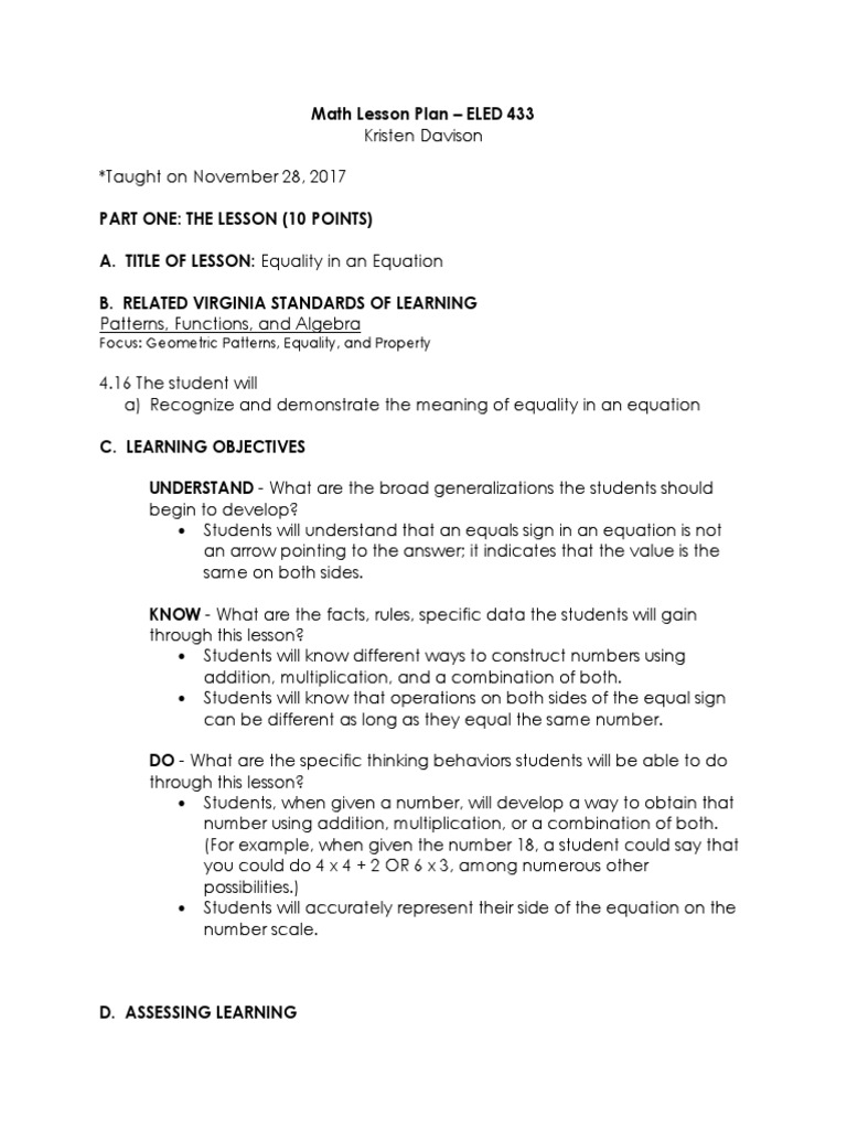 Math Lesson Plan Reflection | PDF | Numbers | National Council Of ...