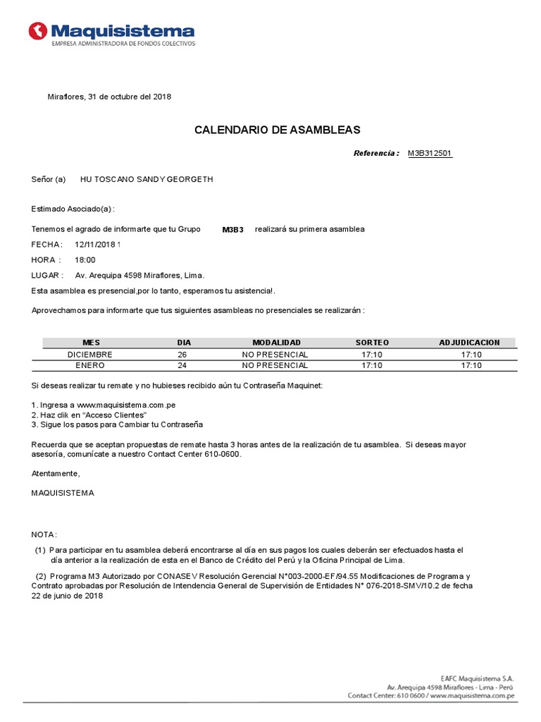 Calendario de Asambleas M3B3 2018 | PDF