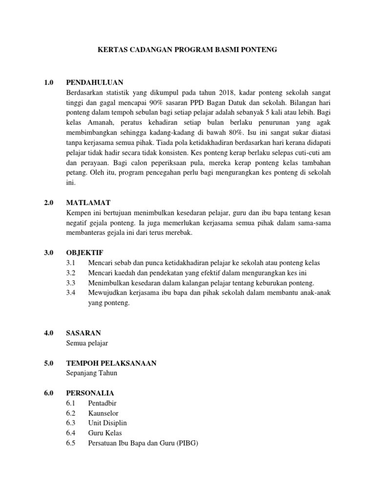 Kertas Cadangan Sifar Ponteng 2019 | PDF