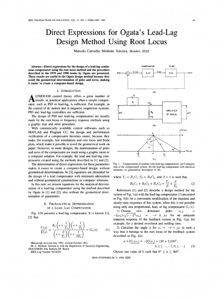 Direct Expressions For Ogata's Lead-Lag Design Method Using Root Locus ...