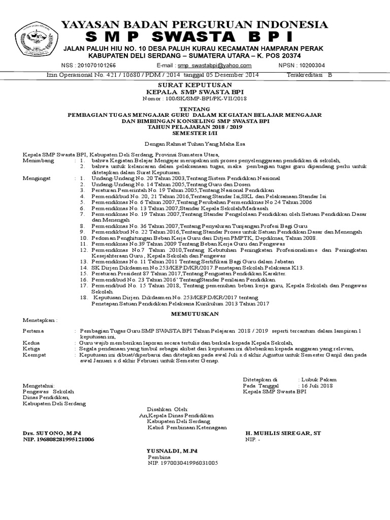 Format SK Pembagian Tugas SMP | PDF