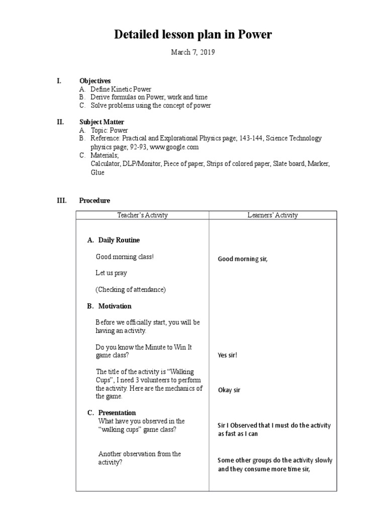 Lesson Plan On Power | PDF | Watt | Force