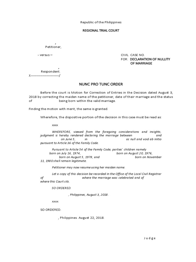 Sample of Nunc Pro Tunc Order | PDF