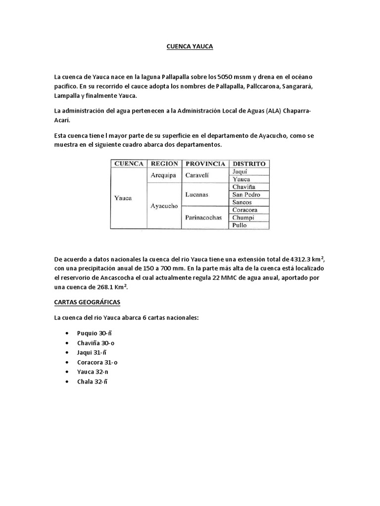 Datos Basicos de La Cuenca Yauca | PDF