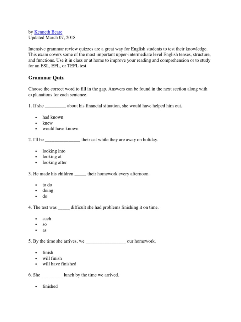 Upper-Intermediate English Grammar Quiz | PDF | Verb | Languages