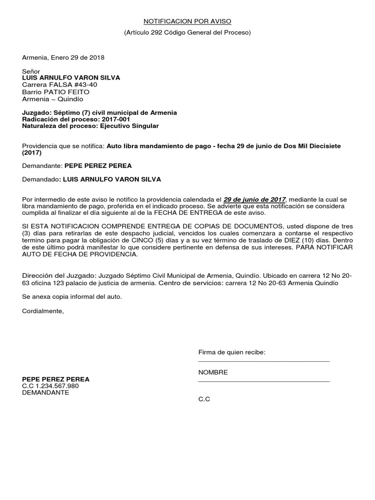 Notificacion Por Aviso Art 292 CGP | PDF Notificacion Por Aviso Art 292 CGP | PDF