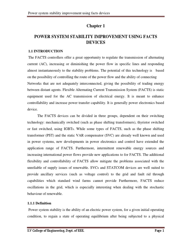 Power System Stability Improvement Using Facts Devices: S.V College of ...