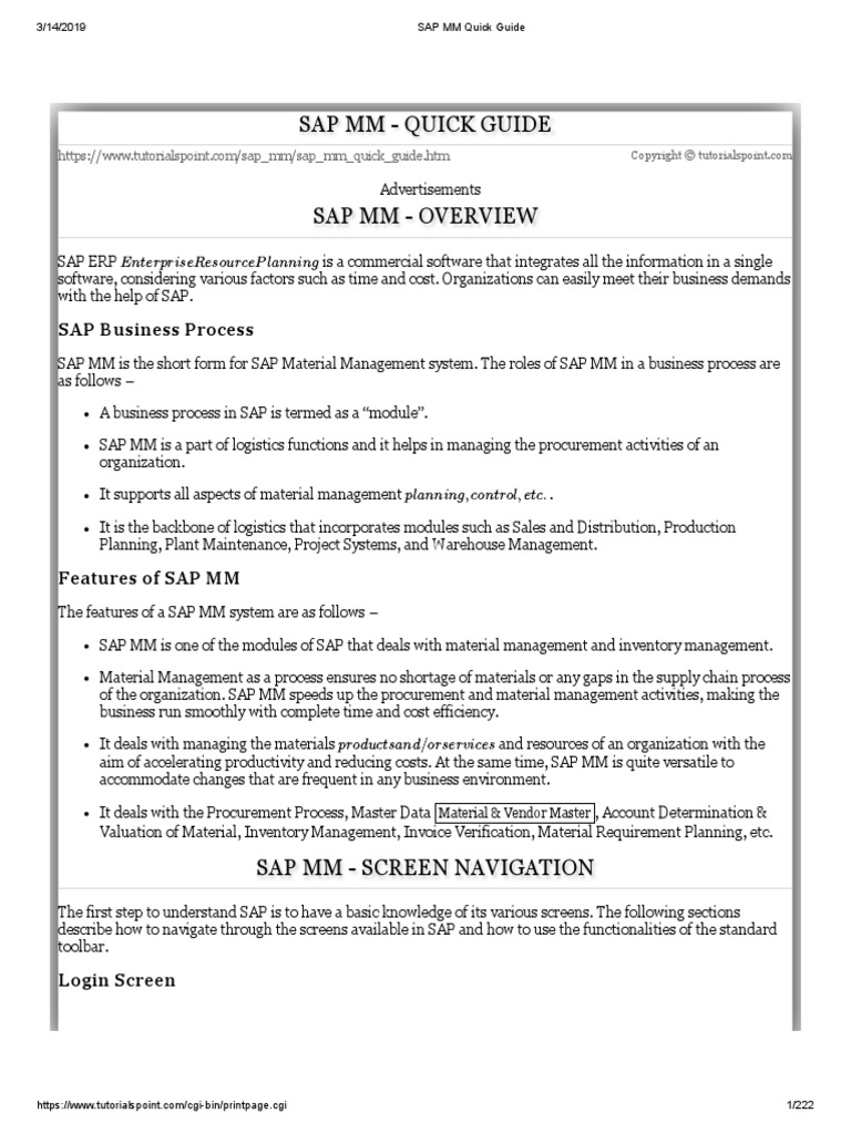 SAP MM Quick Guide PDF | PDF | Procurement | Invoice