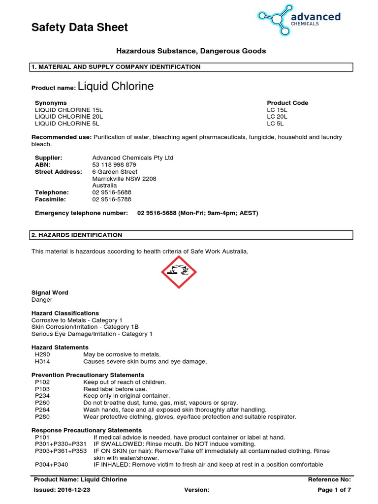Liquid Chlorine Sds | Download Free PDF | Dangerous Goods | Toxicity