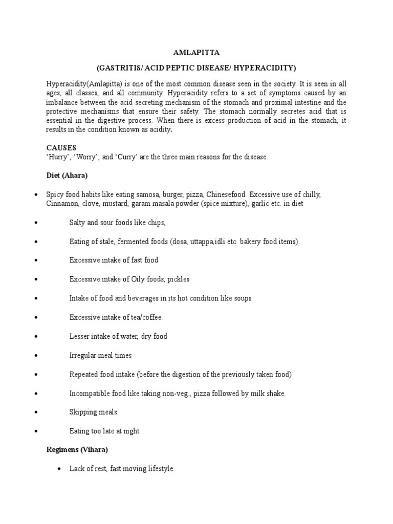 Amlapitta (Gastritis/ Acid Peptic Disease/ Hyperacidity) | PDF | Indigestion | Clinical Medicine