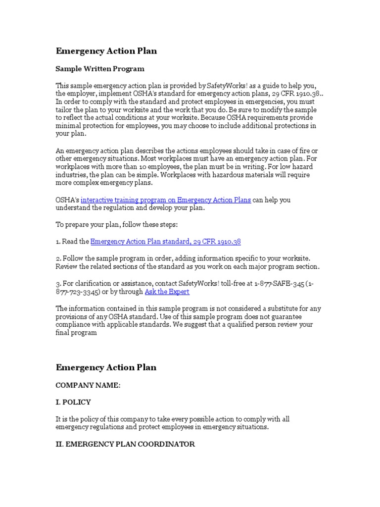 OSHA Emergency Action Plan Template | PDF | Occupational Safety And ...