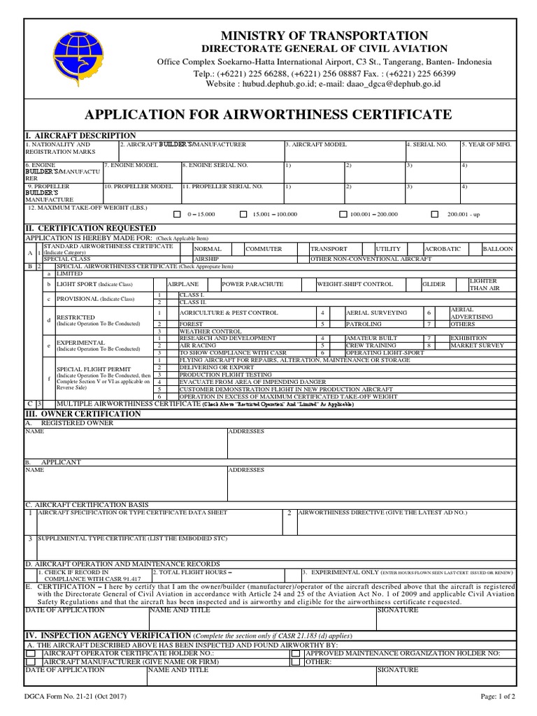 DGCA Form 21-21 Application for Airworthiness Certificate - Oct 2017(1 ...