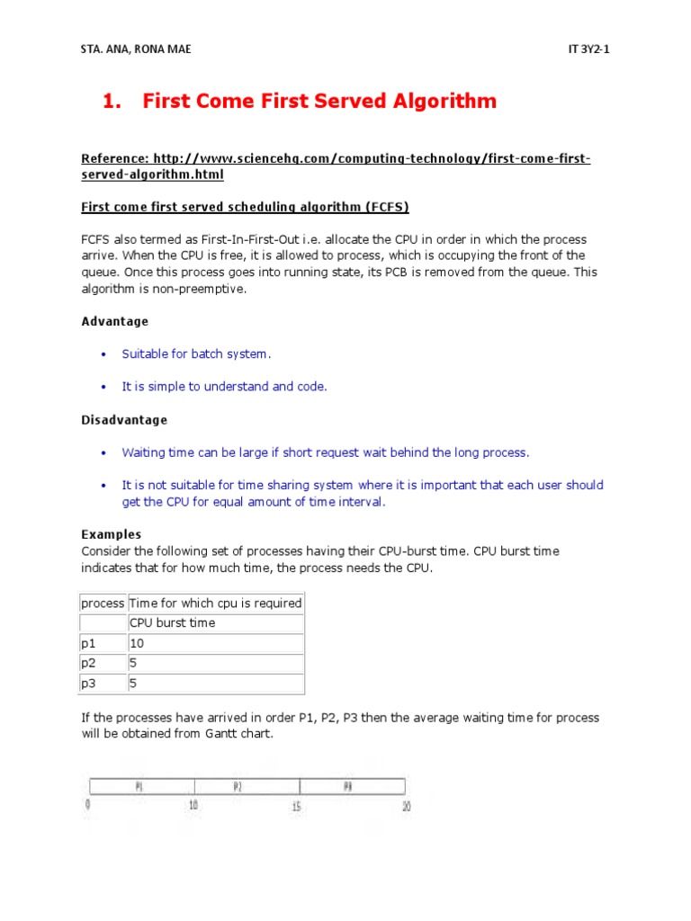 First Come First Served Algorithm: Sta. Ana, Rona Mae IT 3Y2-1 | PDF | Scheduling (Computing ...