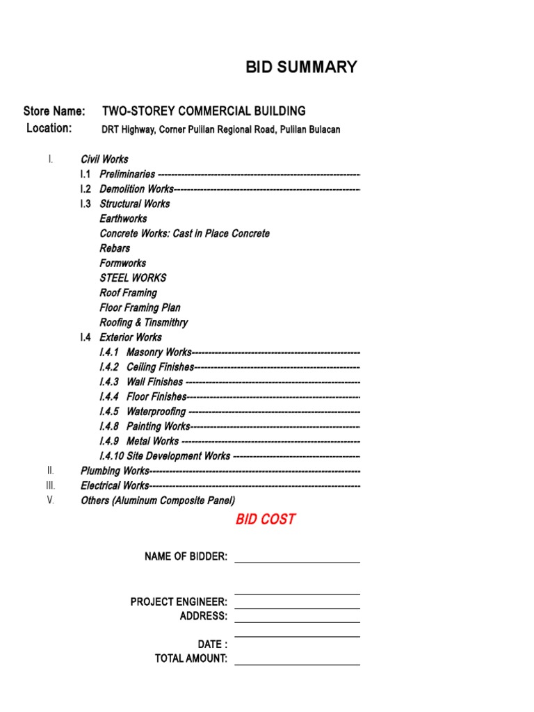 Pulilan Commercial Complex Bid Summary | PDF | Tile | Wall