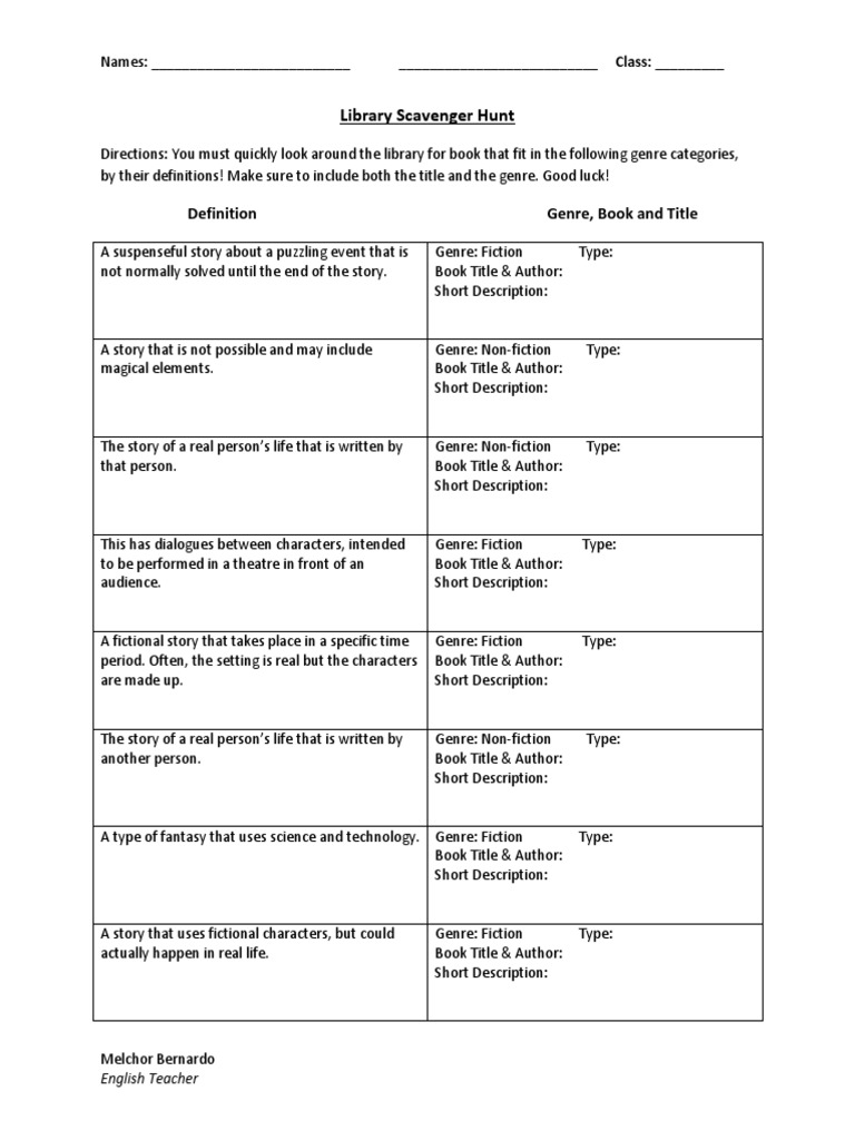 Genre, Book and Title: Library Scavenger Hunt | Download Free PDF ...