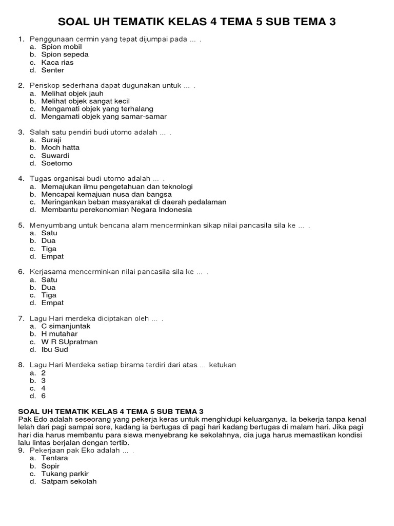 Soal UH Tematik Kelas 4 Tema 5 | PDF | Griya & Taman