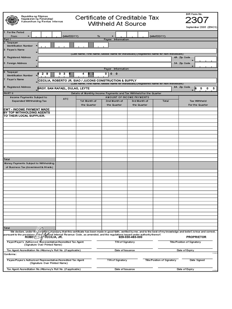 2307 | Download Free PDF | Withholding Tax | Corporate Tax