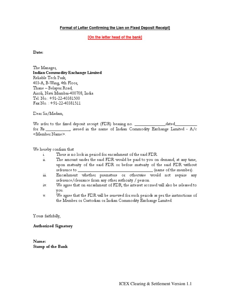 380_Format of Letter Confirming the Lien on Fixed Deposit Receipt