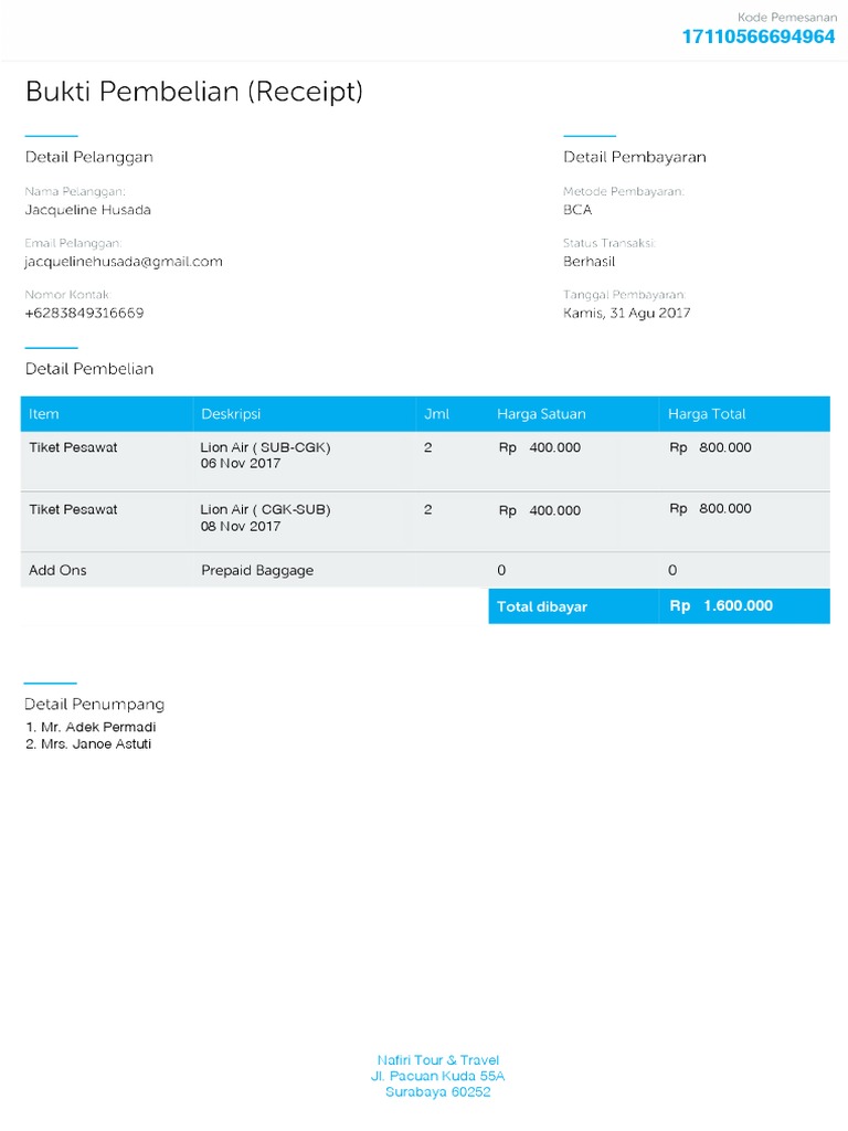 Lion Air (SUB-CGK) 06 Nov 2017 RP 400.000 RP 800.000 2 Tiket Pesawat | PDF