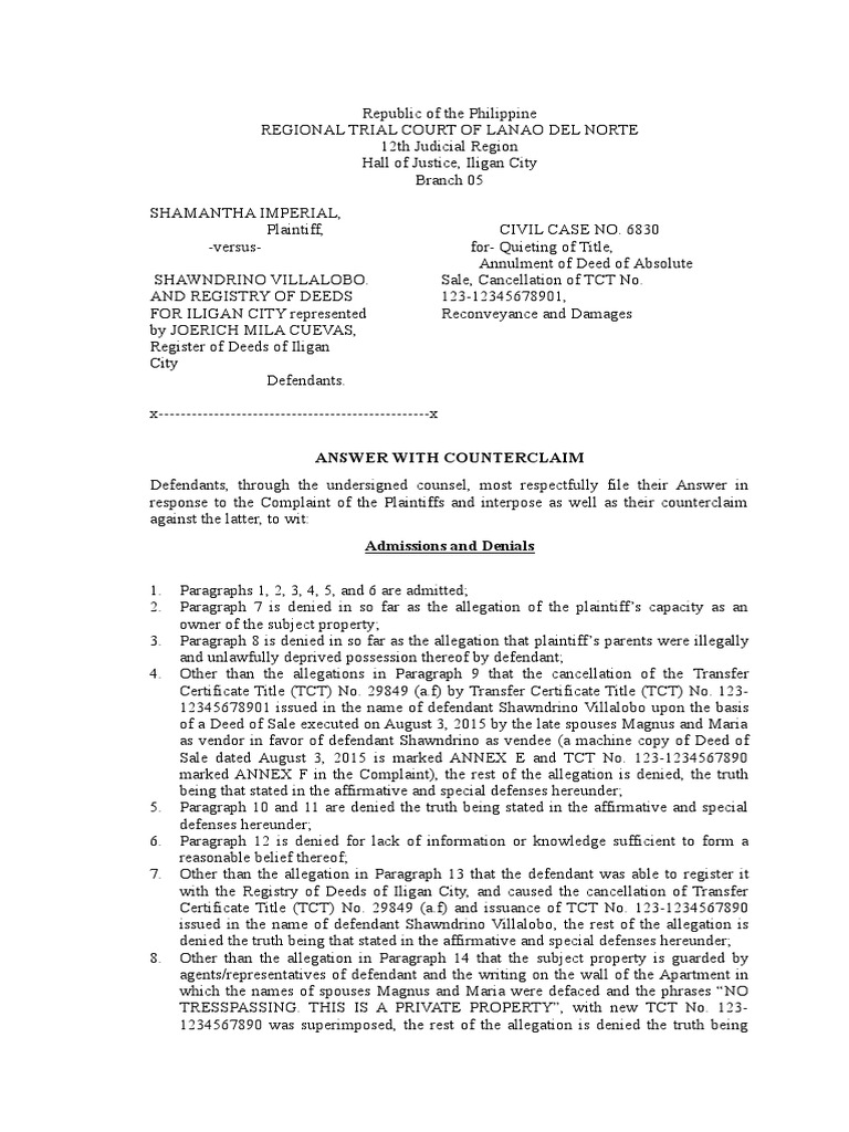 (Sample) Answer With Couterclaim Quieting of Title | PDF | Notary Public | Title (Property)