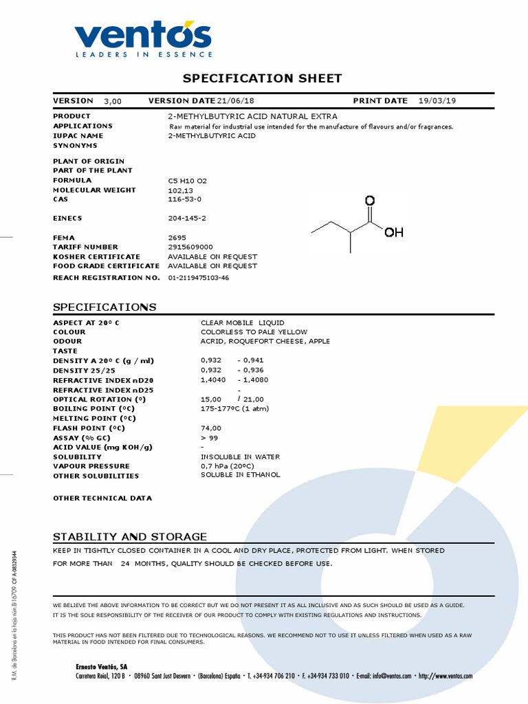 Specs 2-Methylbutyric Acid Natural Extra | PDF | Solubility | Chemical ...