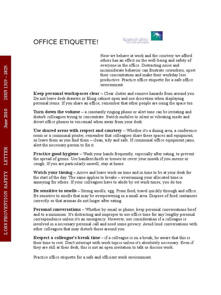 Office Etiquette!: Keep Personal Workspaces Clear | PDF | Etiquette ...