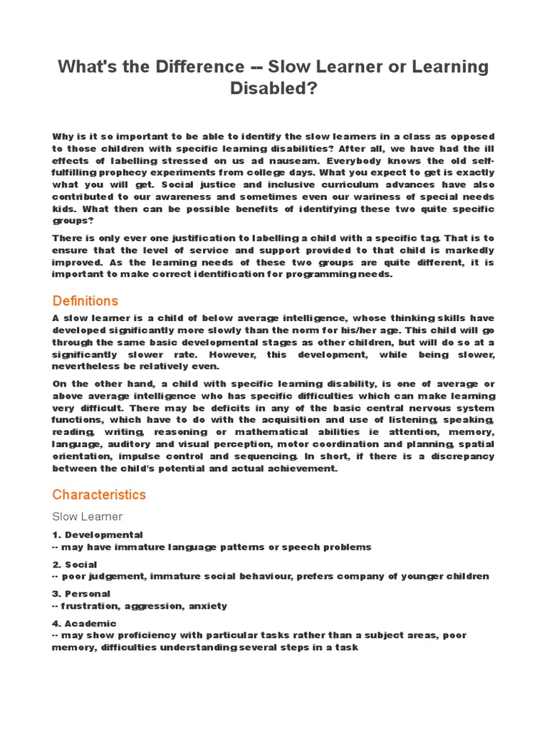 The Difference Slow Learner or Learning Disabled | PDF | Learning ...