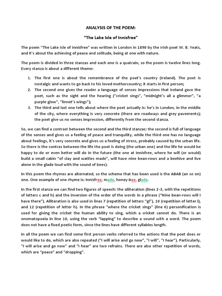 Analysis of "The Lake Isle of Innisfree" | PDF | Poetry | Linguistics