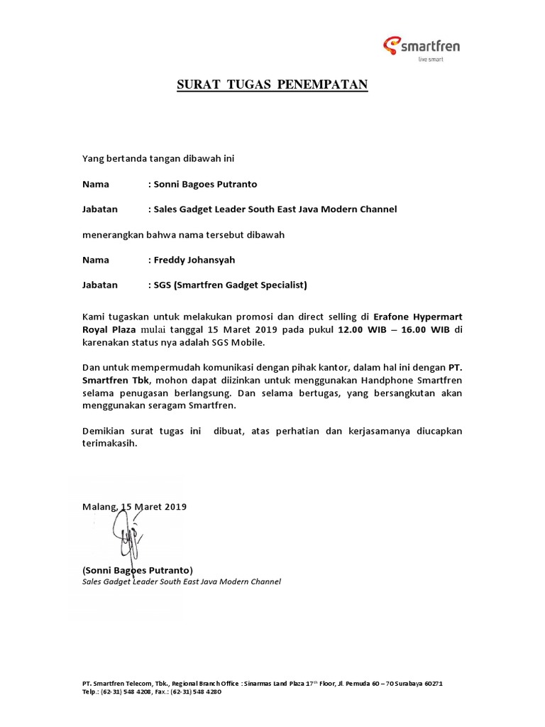 Surat Tugas Promosi Smartfren 2019 | PDF