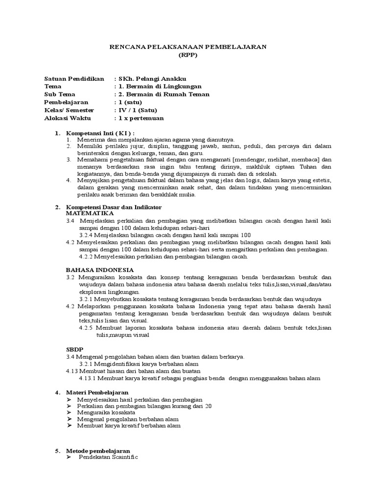 RPP Tema 1 Subtema 2 PB 1 Tunagrahita Kelas 4 | PDF