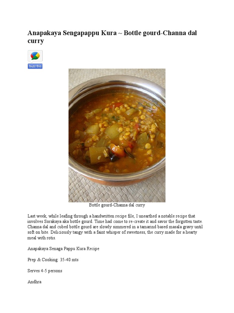Anapakaya Sengapappu Kura Bottle Gourd-Channa Dal Curry | PDF | Curry ...