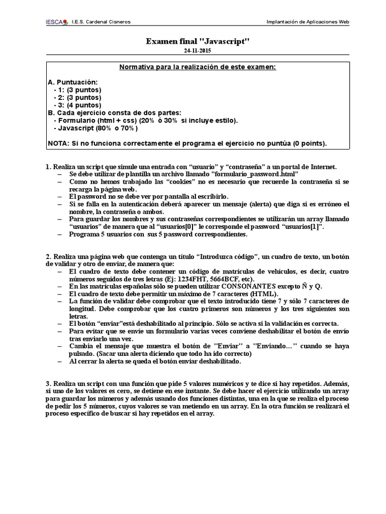 Examen Javascript: Scripts y Validación | PDF | Contraseña | Script Java