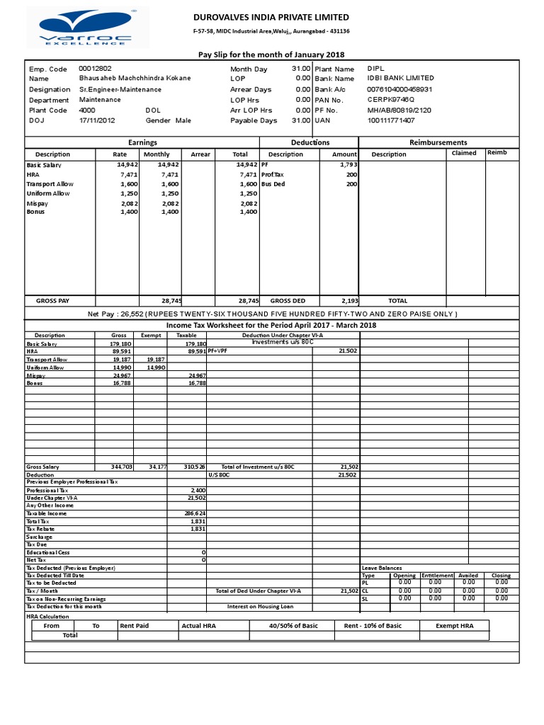 Pay Slip For The Month of January 2018: Earnings Deductons ...