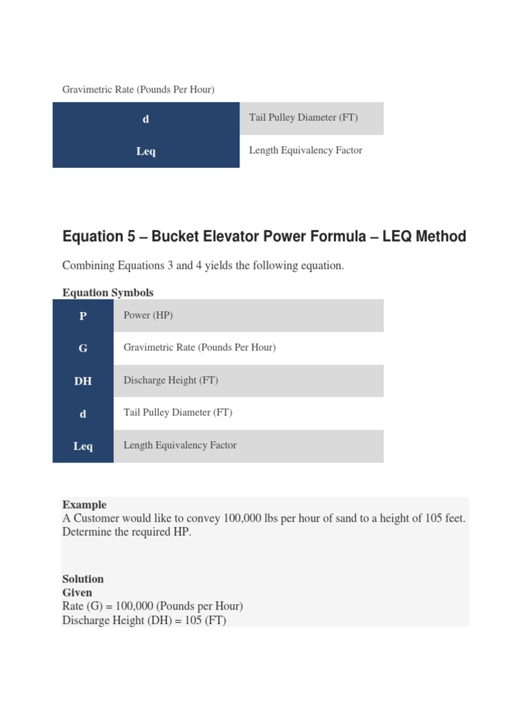 Equation 5 - Bucket Elevator Power Formula - LEQ Method: Gravimetric ...