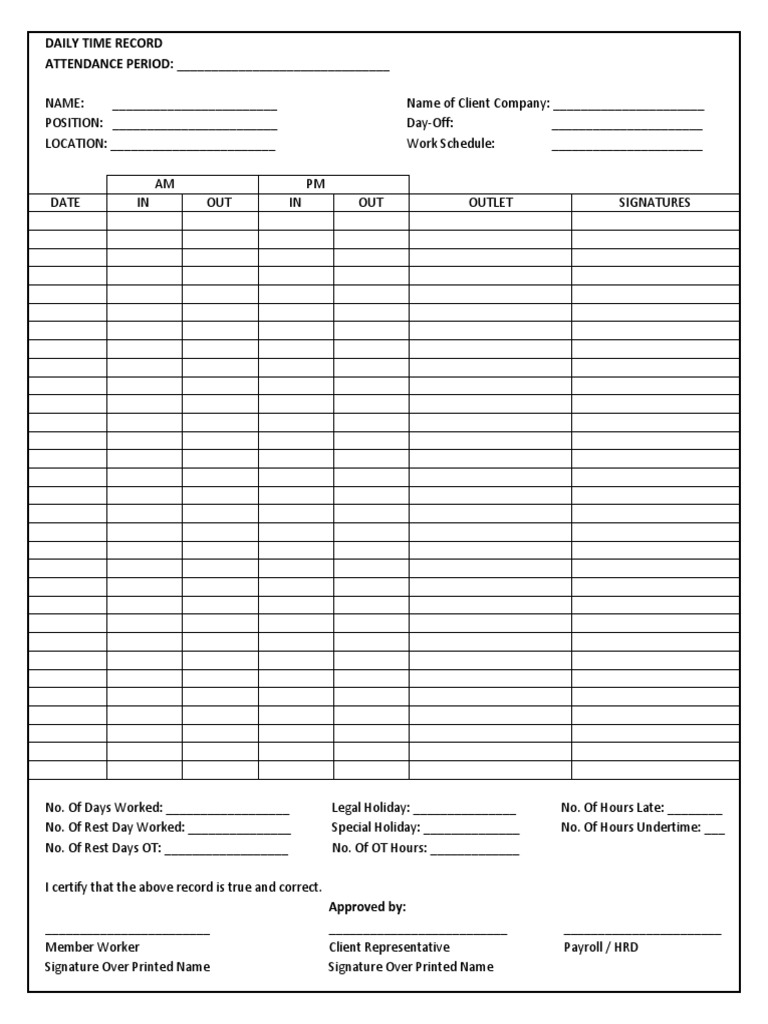 Daily Time Record Sample | PDF